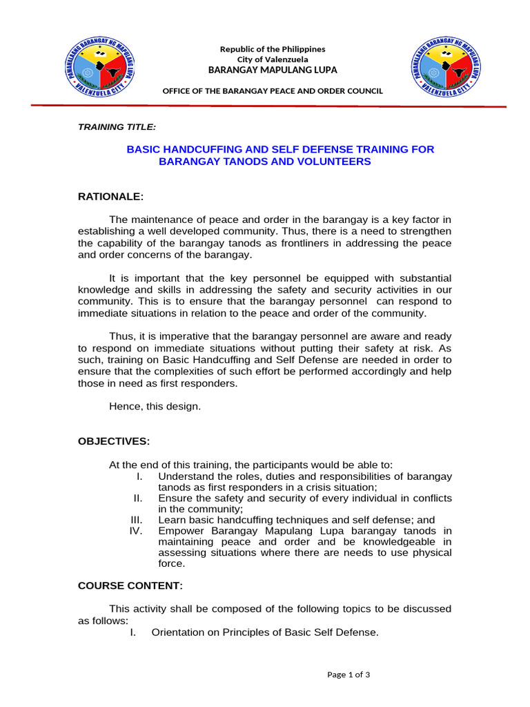 Training Design Barangay Tanod | PDF | Self Defense