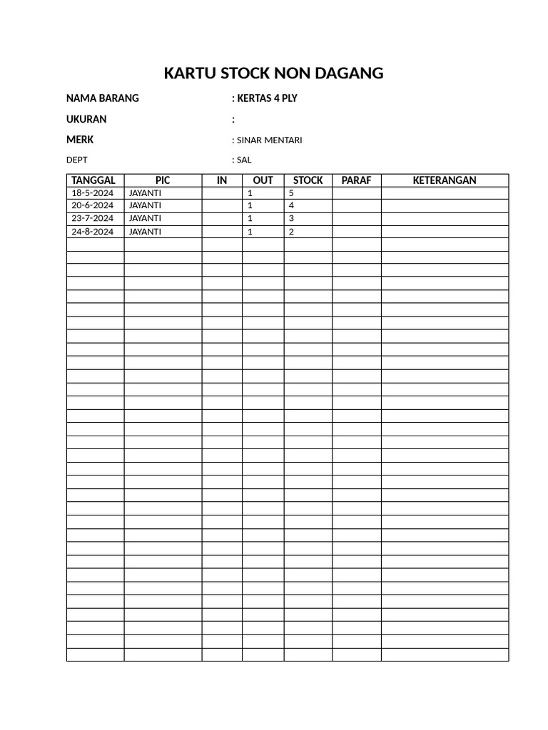 Kartu Stock Non Dagang Kertas 4 Ply Sal | PDF