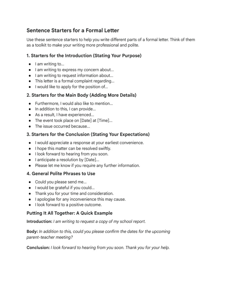 Formal Letter Sentence Starters Guide | PDF
