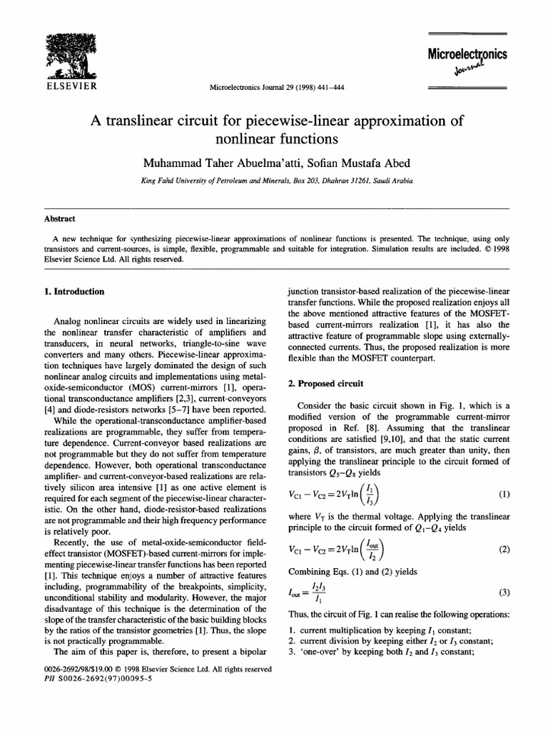 A Translinear Circuit For Piecewise-Linear Approximation of Nonlinear Functions | PDF | Mosfet ...