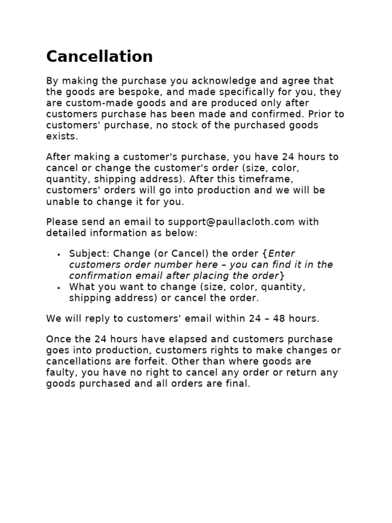 Order Cancellation Policy for Custom Goods | PDF