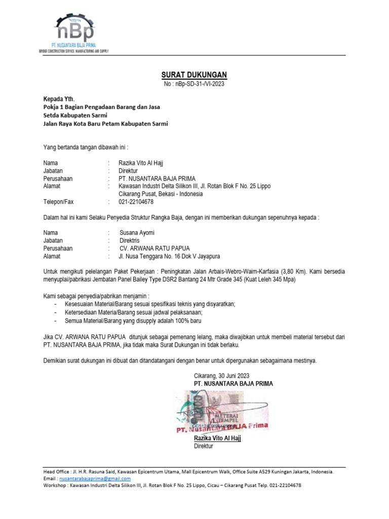 10. Surat Dukungan Panel Baja Bailey | PDF