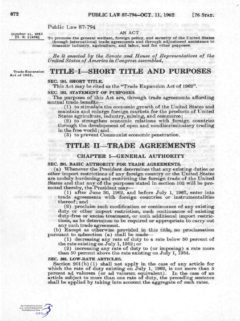 Trade Expansion Act of 1962 Summary | PDF | Presidents Of The United ...