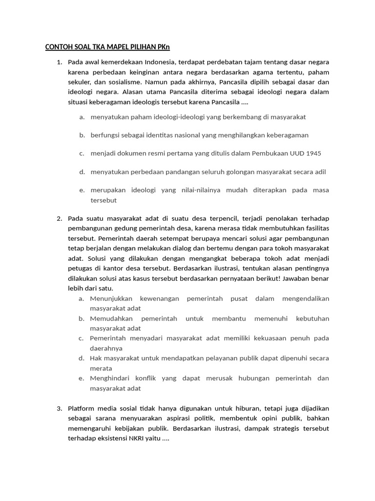 Contoh Soal Tka Mapel Pilihan PKN | PDF