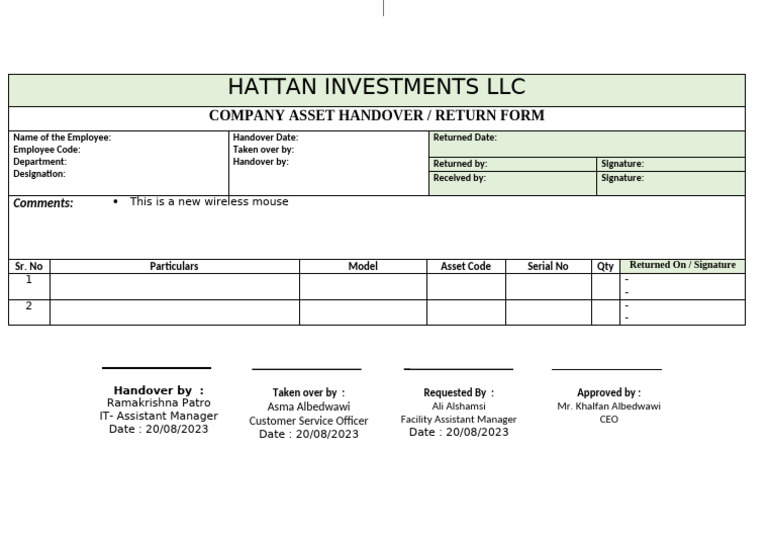 Asset Handover Form for Hattan Investments | PDF
