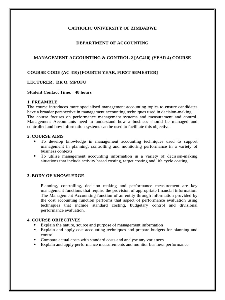 ManAcc 2 Course Outline | PDF | Management Accounting | Cost Accounting