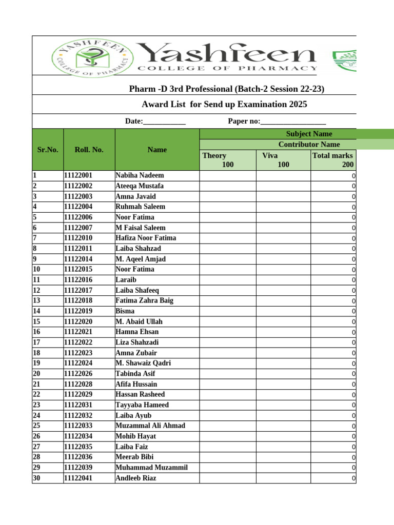 3rd Prof Sheet For Result | PDF