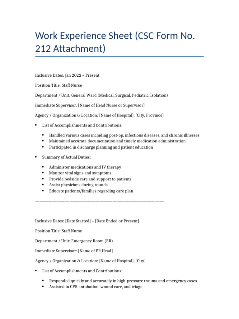Comprehensive Staff Nurse Experience Sheet | PDF | Emergency Department ...