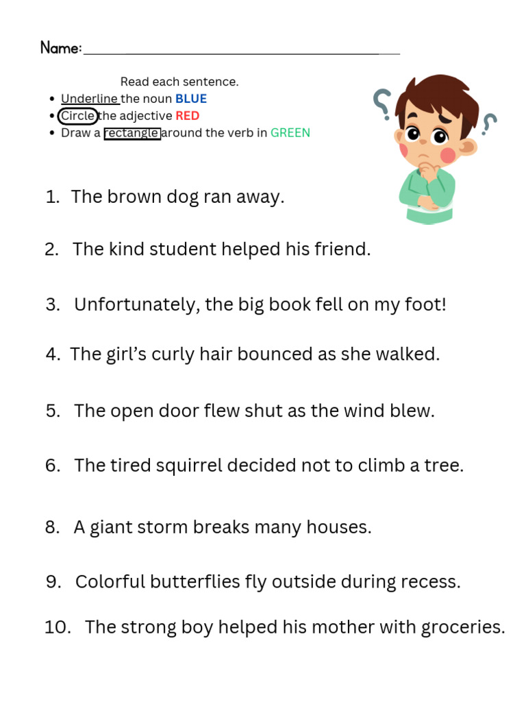 Name:: Underline The Noun Circle The Adjective Draw A Rectangle Around ...