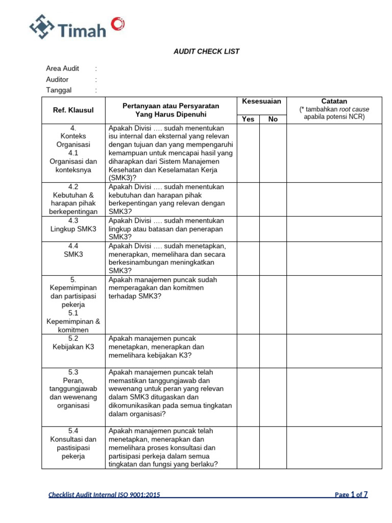 Manual Checklist 50001 Semua Divisi | PDF