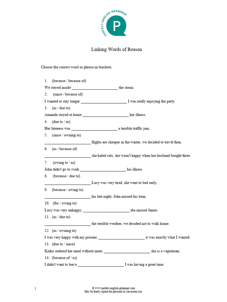 Linking Words of Reason Exercises | PDF