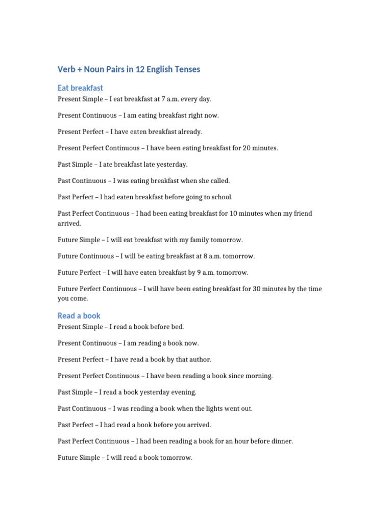 Verb Noun Pairs 12 Tenses | PDF | Perfect (Grammar) | Language Mechanics