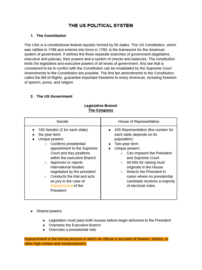 THE US POLITICAL SYSTEM | PDF | American Government | Presidents Of The ...