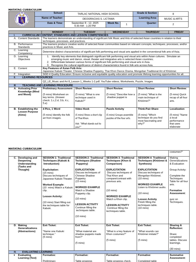 Q2 DLL Music and Arts Week 1 | PDF | Cognition | Intelligence