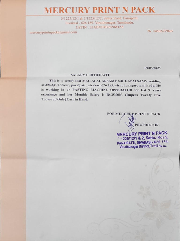 Alagarsamy Salary Certificate | PDF