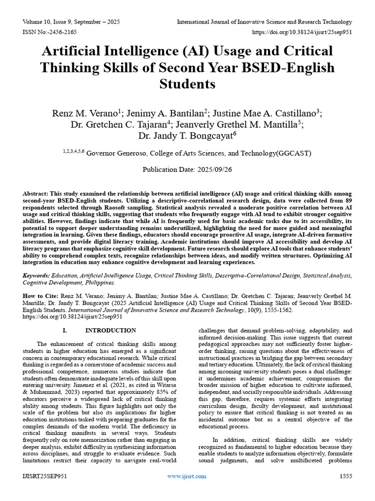 AI Impact on Critical Thinking in BSED Students | PDF | Critical ...