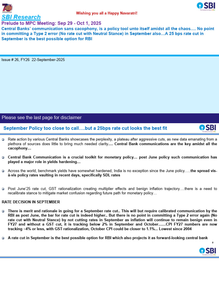 SBI Research Report - Prelude To MPC Meeting - Sep 29 - Oct 1, 2025 ...