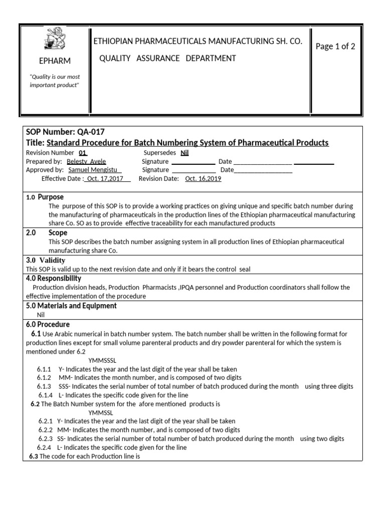 Batch Numbering SOP for Pharmaceuticals | PDF | Pharmaceutical Industry ...