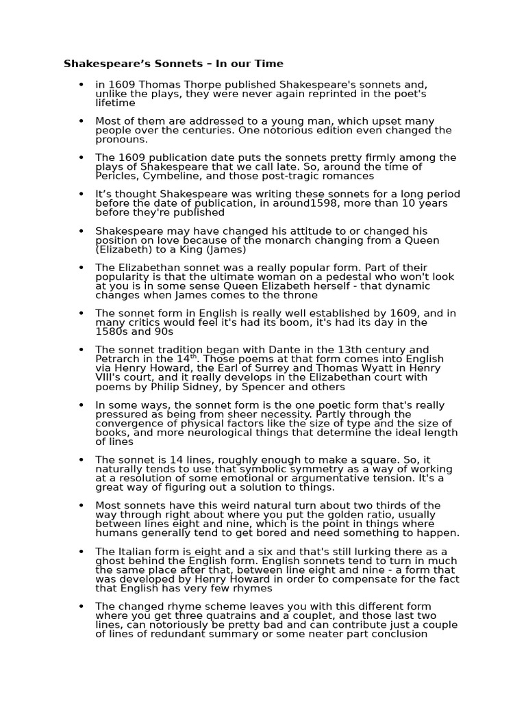 In Our Time Sonnets Shakespeare | PDF | Sonnets | Shakespeare's Sonnets