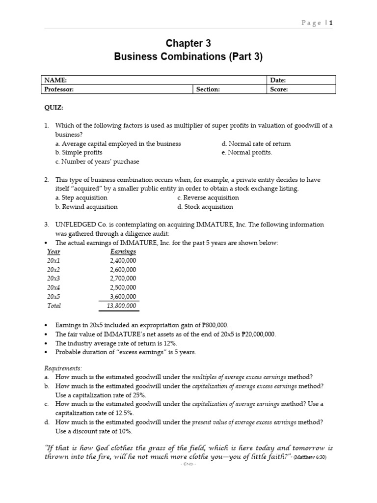 Quiz Chapter 3 Business Combinations Part 3 | PDF