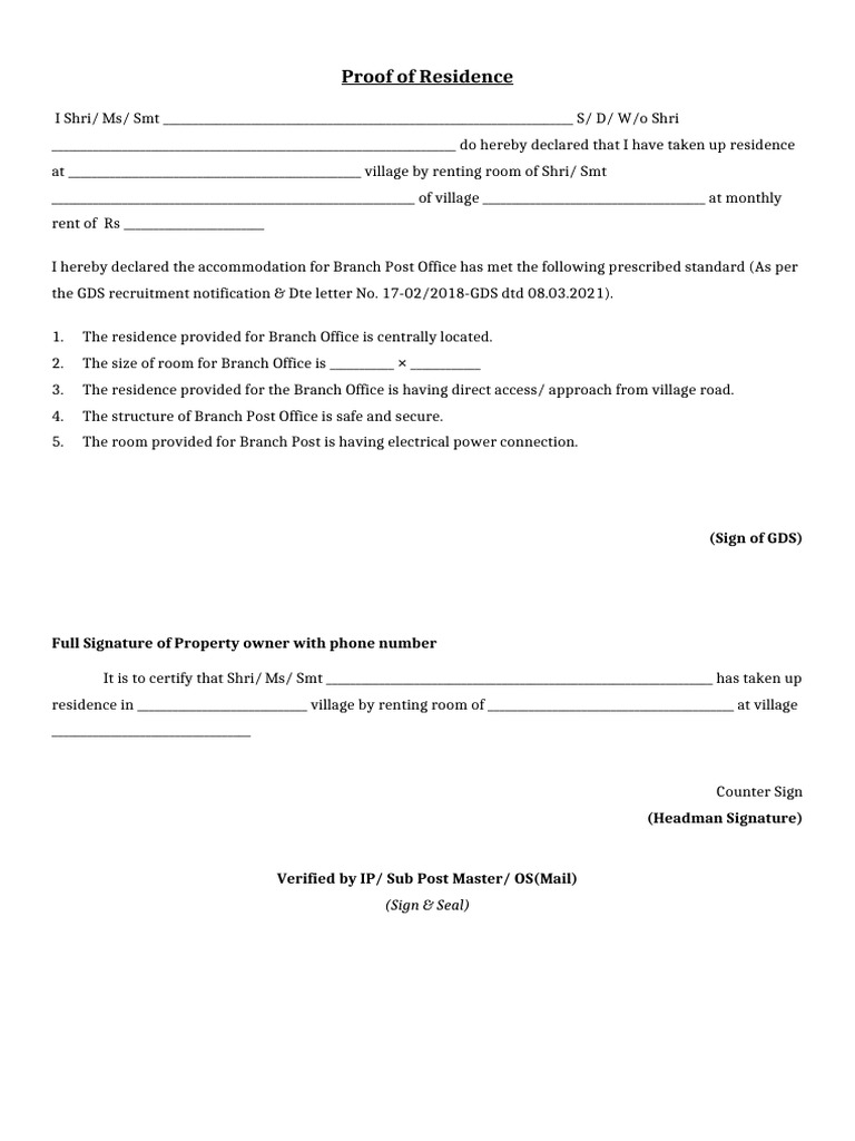 Proof of Residence for Branch Post Office | PDF