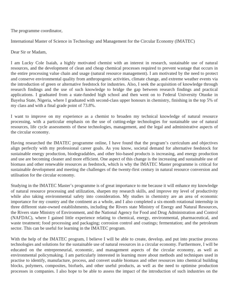 Application for IMATEC Master's Program | PDF | Sustainability | Energy ...