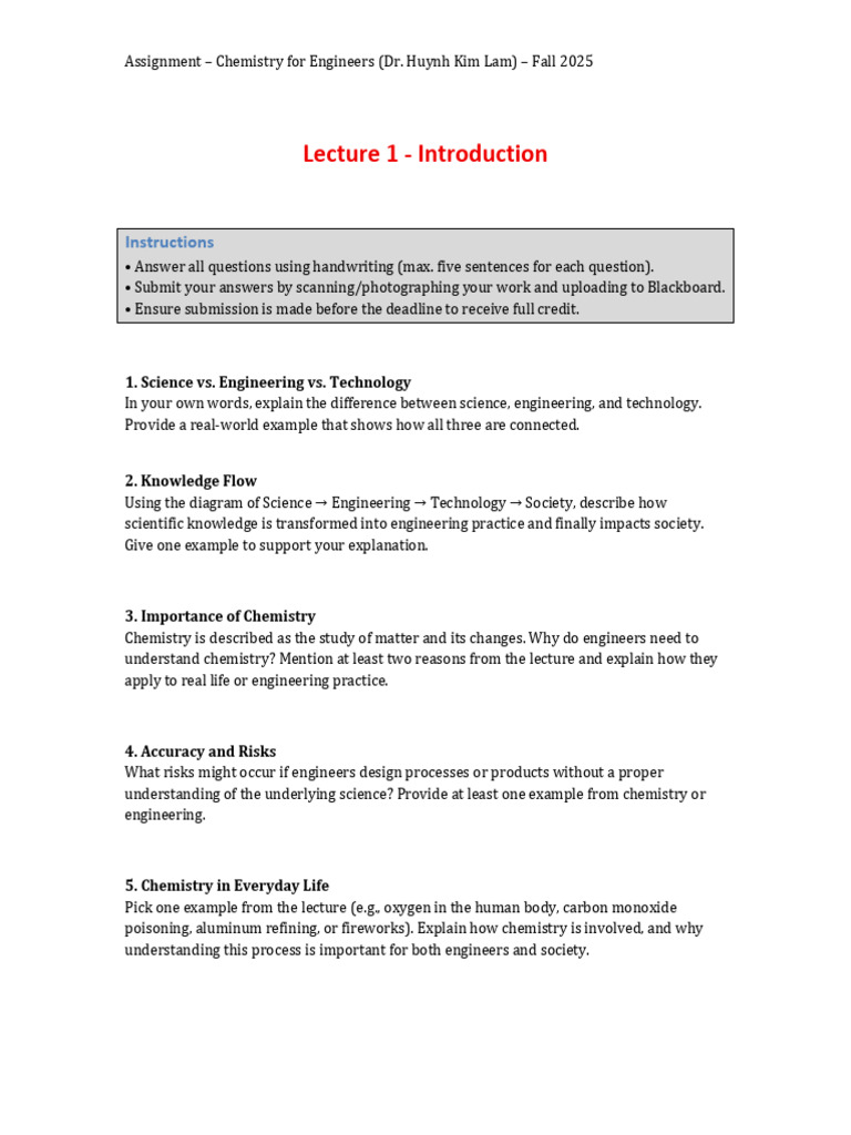 Chemistry for Engineers Assignment Guide | PDF
