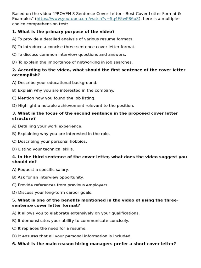 Cover Letter Video Comprehension Check Based On The Video | PDF ...