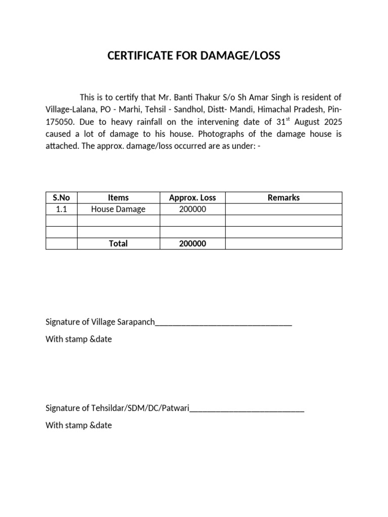 Damage Certificate for Mr. Banti Thakur | PDF