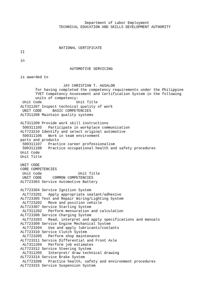 Automotive Servicing NC II Jay Christian T Agsalon | PDF | Manual ...