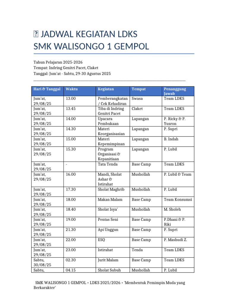 Jadwal Kegiatan LDKS SMK Walisongo 2025 | PDF