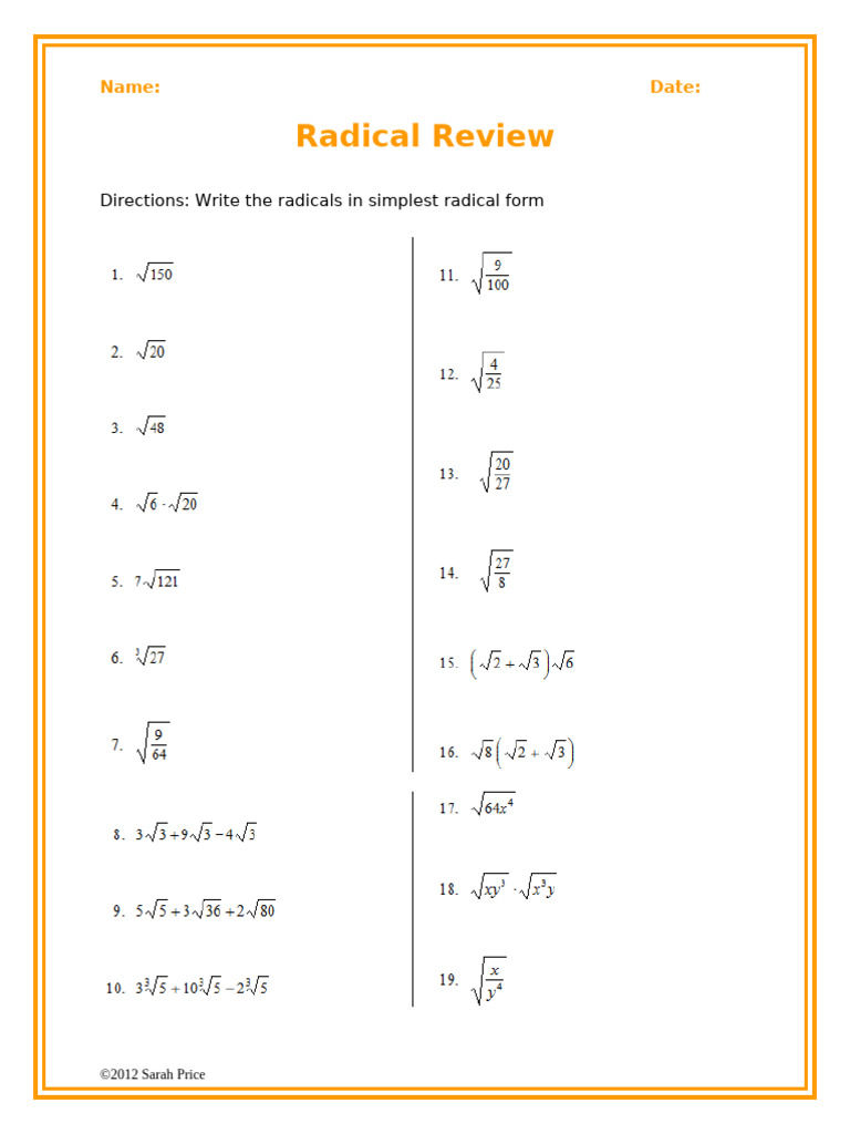 Radical Review: Directions: Write The Radicals in Simplest Radical Form ...