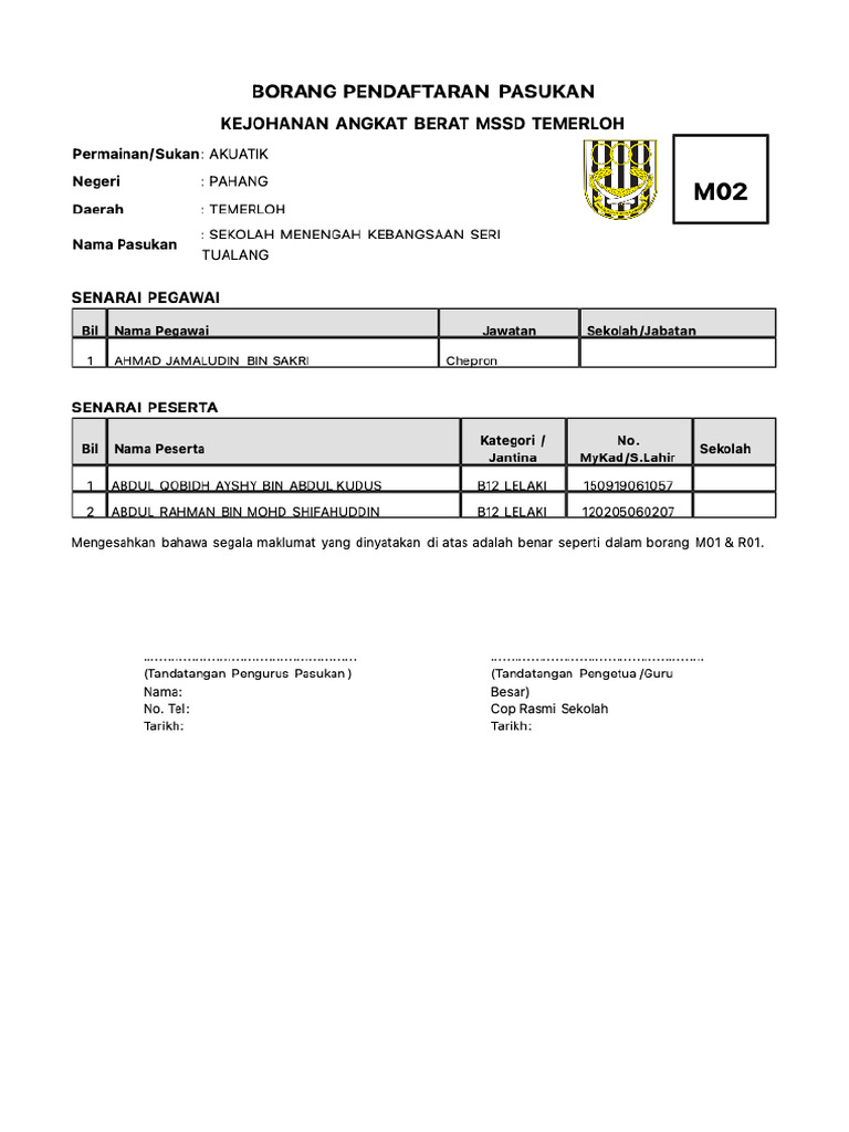 Borang - m02 - Sekolah Menengah Kebangsaan Seri Tualang-7 | PDF