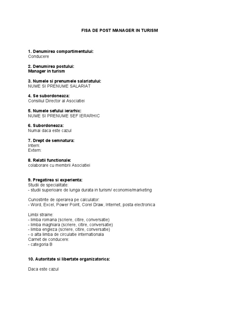 Fisa de Post Manager in Turism | PDF