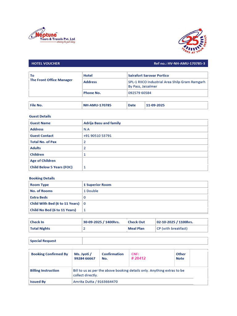 Hotel Voucher for Adrija Basu Family | PDF