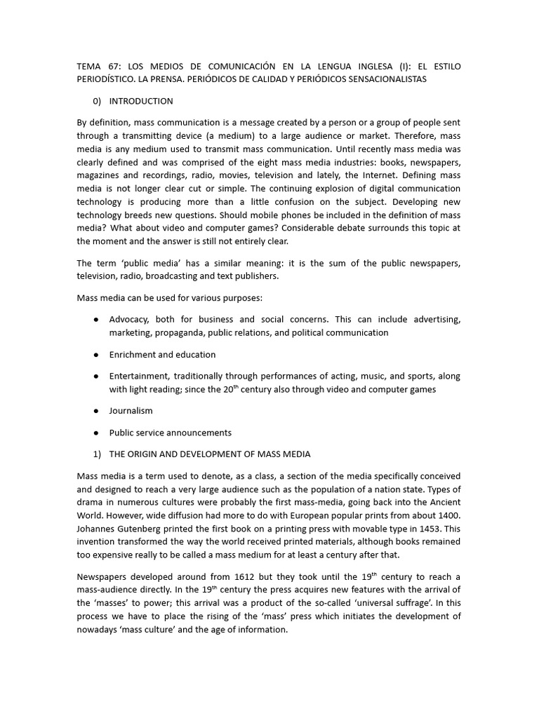 TEMA 67.doc | PDF | Newspapers | Mass Media
