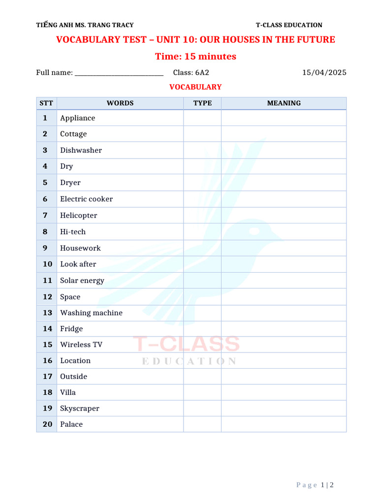 6a2 - Vocabulary Test Unit 10 | PDF