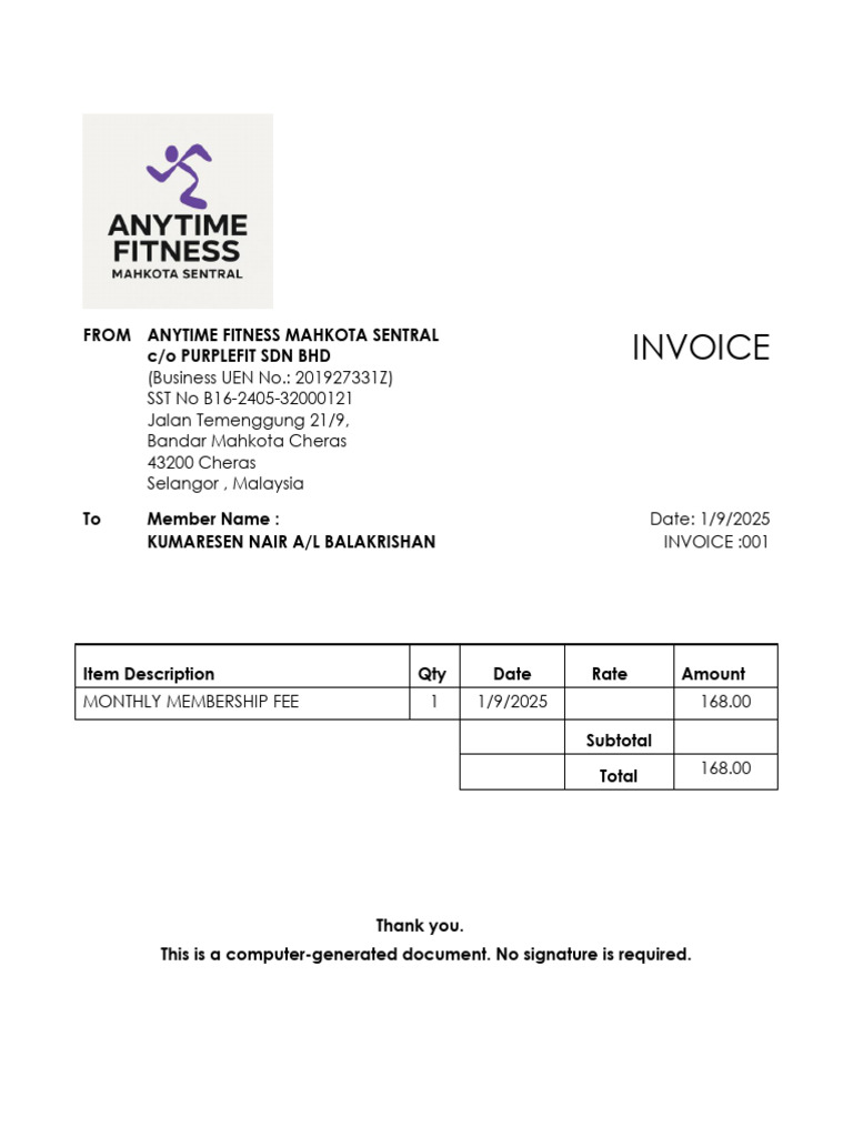 Anytime Fitness Invoice for Membership | PDF