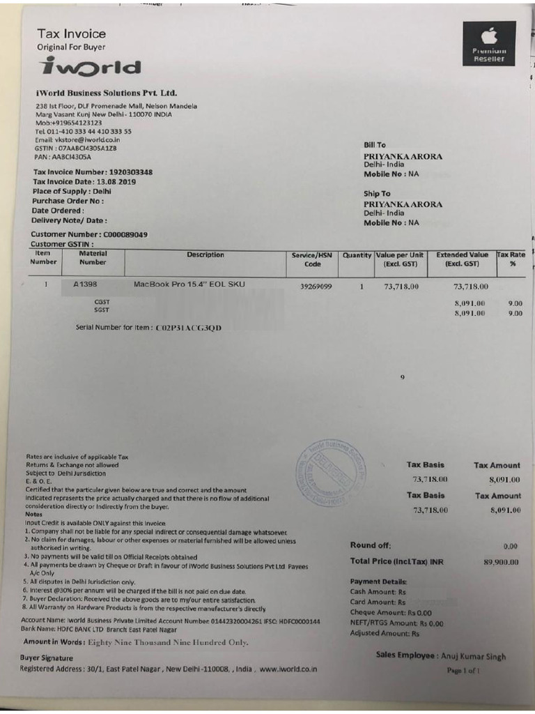Apple Invoice 15 INCH PA | PDF