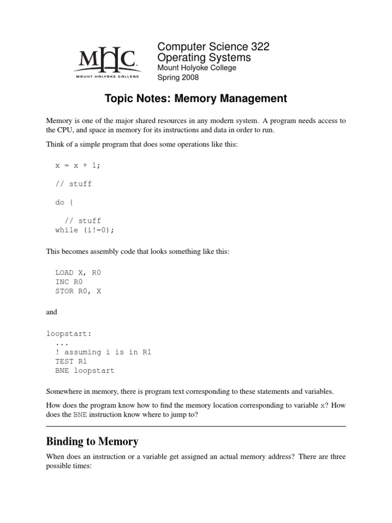 Topic Notes Memory Management Computer Science 322 Operating Systems Pdf Computer Data 