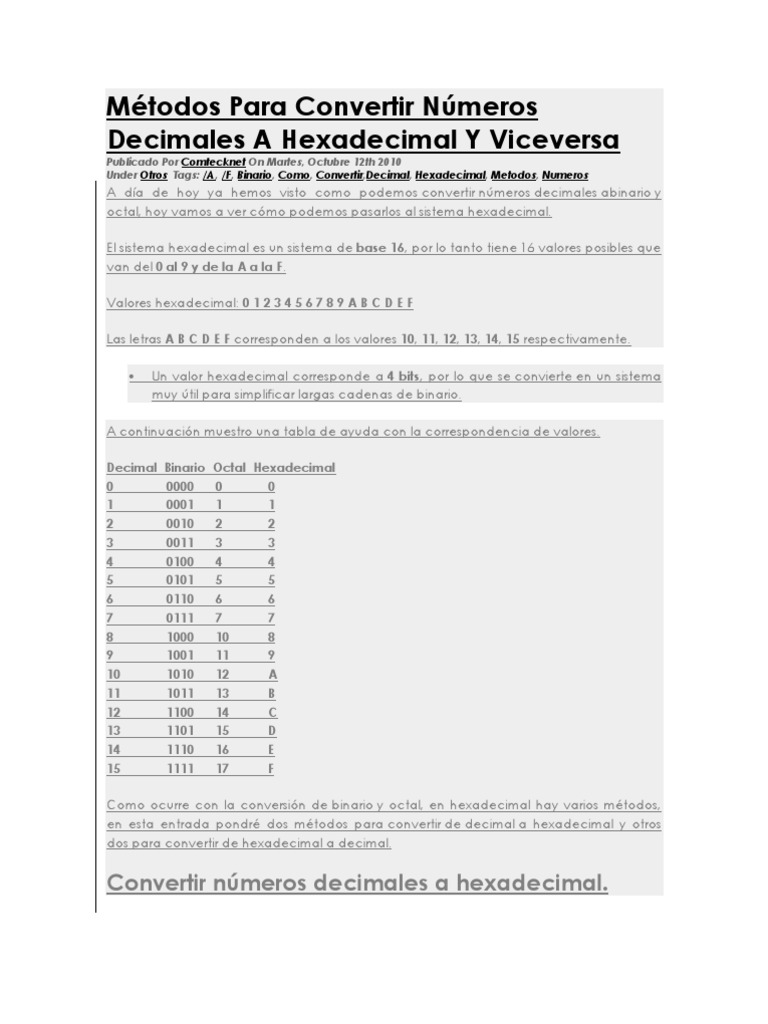 Métodos para Convertir Números Decimales A Hexadecimal Y Viceversa ...