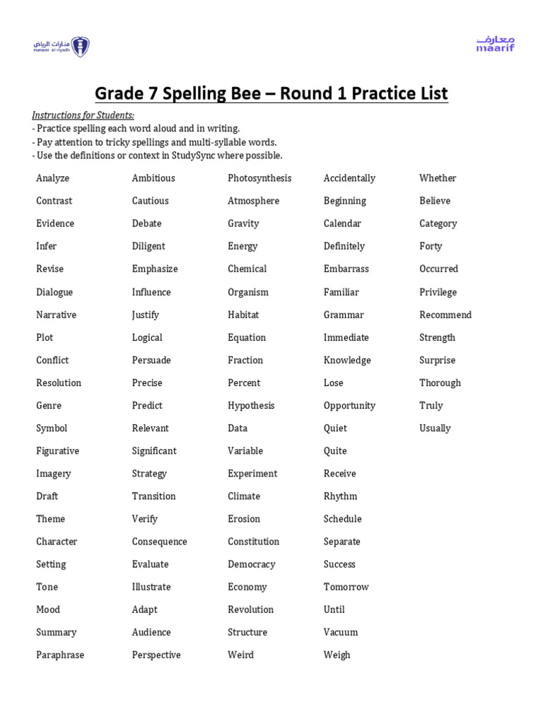 Grade 7 Spelling Bee Practice Words | PDF
