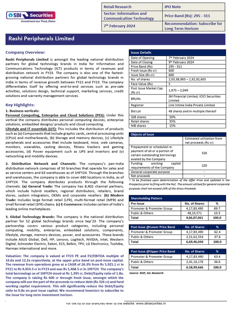 SBI Securities - Rashi Peripherals Limited - IPO Note | PDF | Desktop Computer | Personal Computers