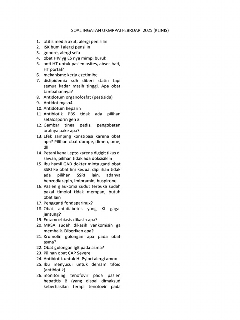 Soal Ingatan Ukmppai Februari 2025 (50 Soal Klinis) - Protected | PDF