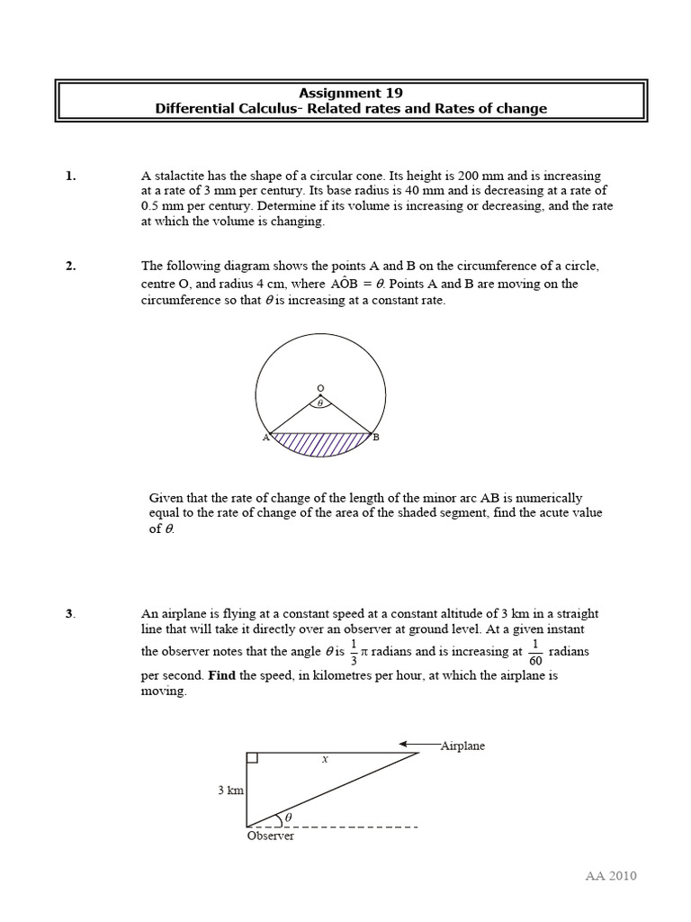 Assignment 19 - Differential Calculus - Related Rates, Rates of Change ...
