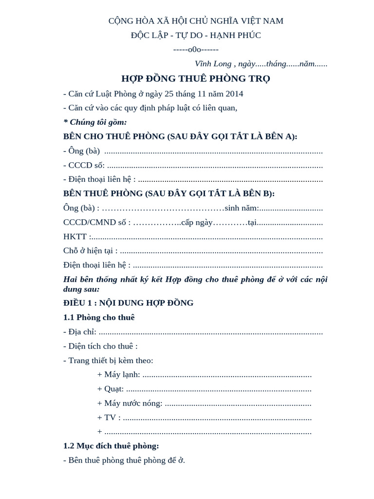 Mau Hop Dong Cho Thue Phong Tro | PDF