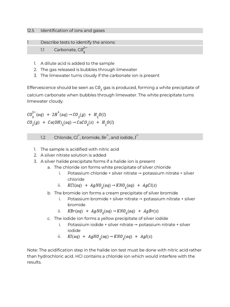 Ion and Gas Identification Tests Guide | PDF | Hydroxide ...
