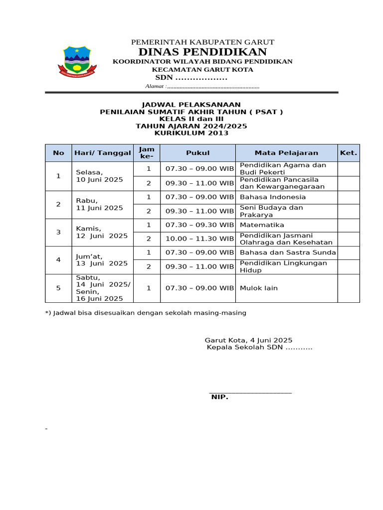 JADWAL PSAT Kls 1-5 Kur 2013 Dan Kurmer Tahun 2025 | PDF