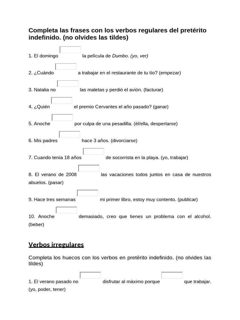 Ejercicios de pretérito indefinido | PDF