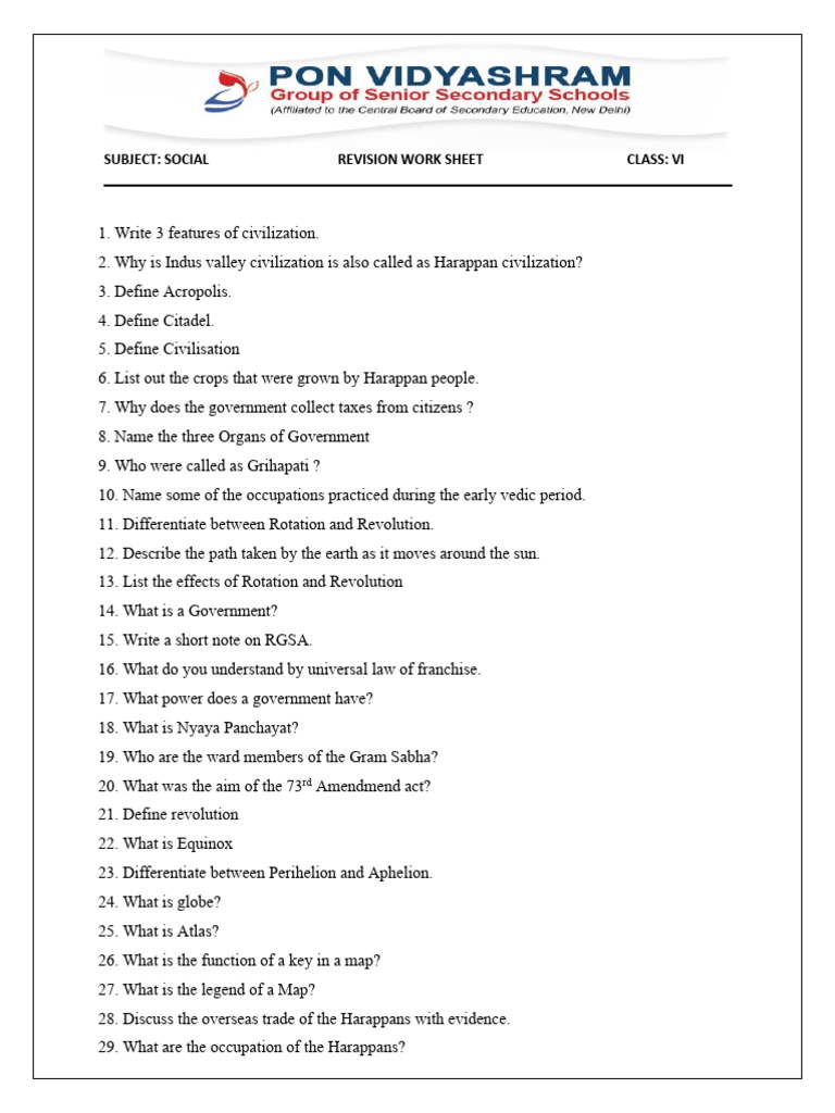 CLASS 6 SST Revision Worksheet - 250918 - 135102 | PDF
